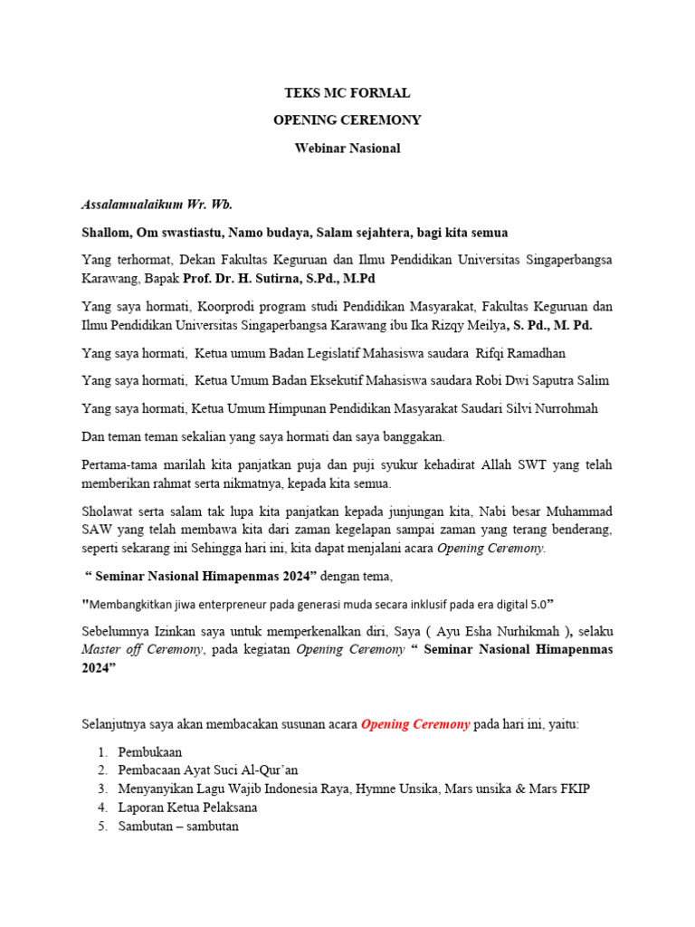 Teks MC Formal Opening Semnas 2024 | PDF