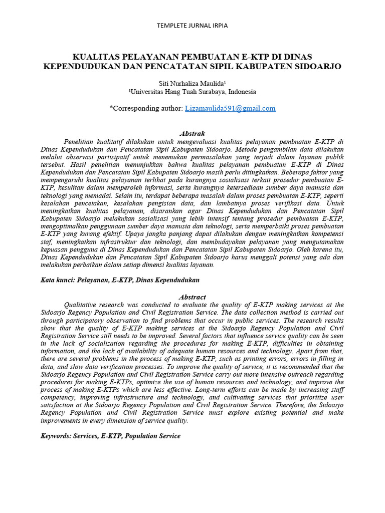 Siti - Artikel Kualitas Pelayanan Pembuatan E-ktp Di Dinas Kependudukan Dan Pencatatan Sipil ...