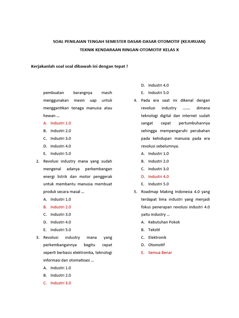 Soal PTS - Dasar-Dasar Otomotif - X Tkro | PDF