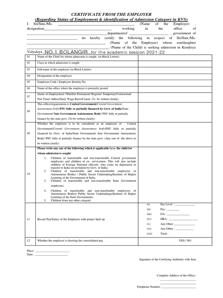Employment Certificate for KVS Admission | PDF