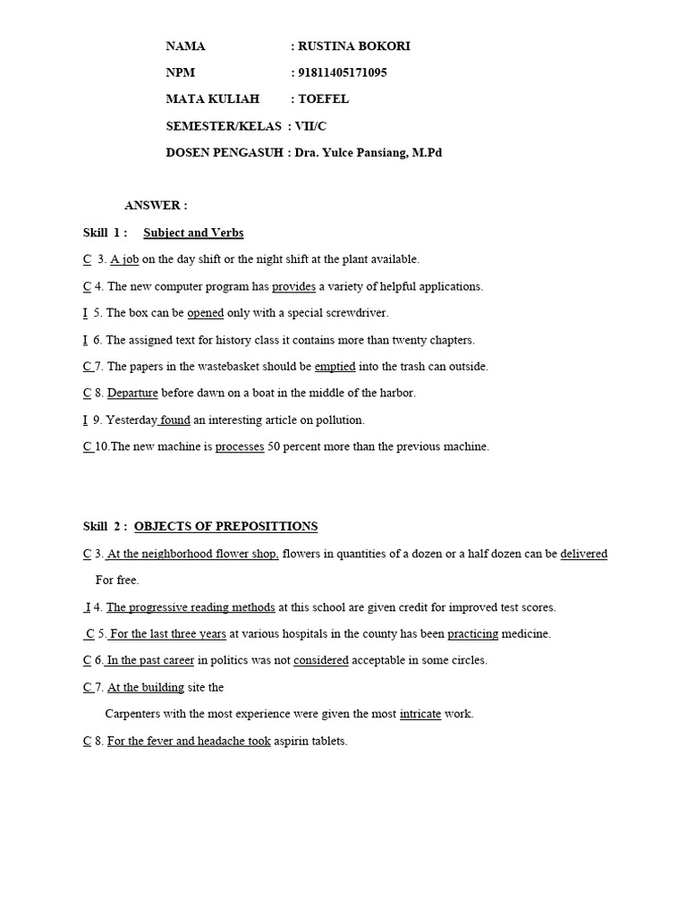 TOEFL Grammar Skills Practice | PDF
