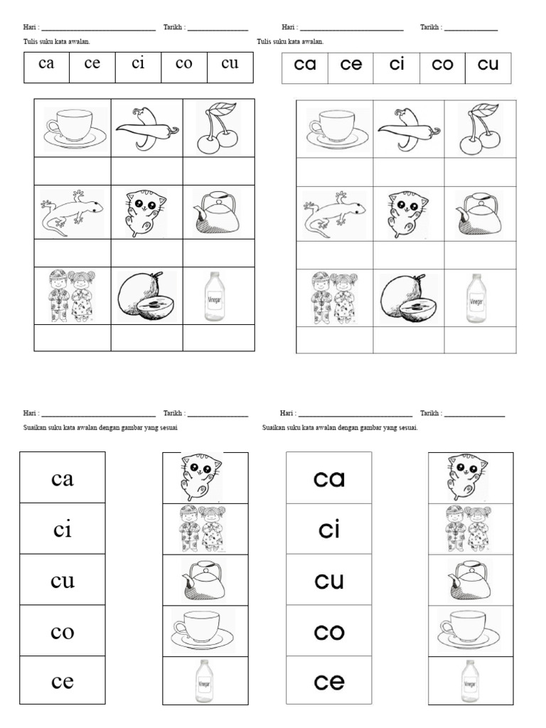 Lembaran Suku Kata Gambar Awalan CA | PDF