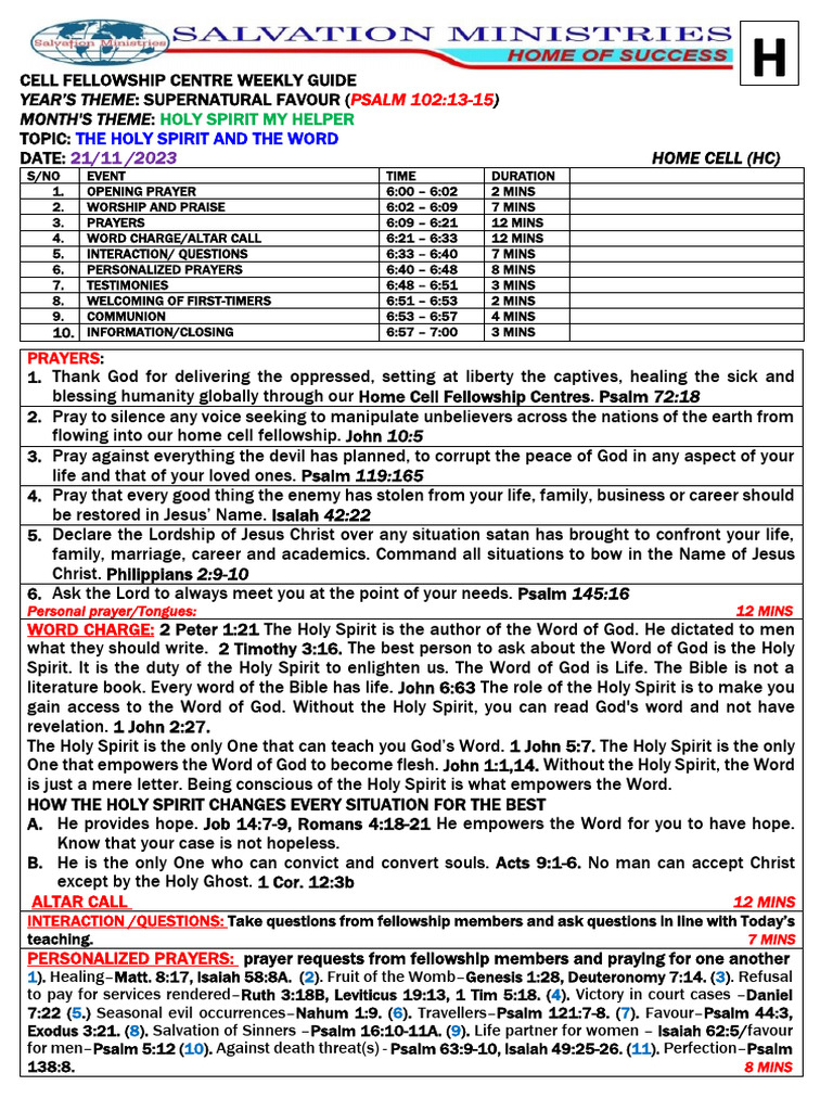 21TH Nov 2023 Cell Fellowship Centre Weekly Guide H | PDF | Prayer | Bible