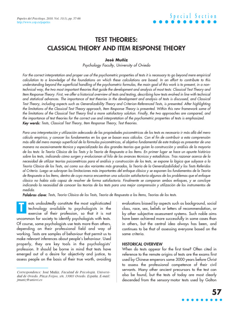 Test Theories: Classical Theory and Item Response Theory: Special ...