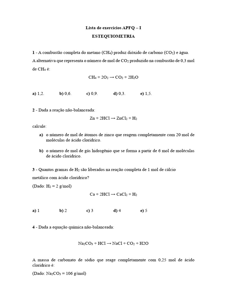 Lista de Exercícios APFQ | PDF | Dióxido de carbono | Combustão
