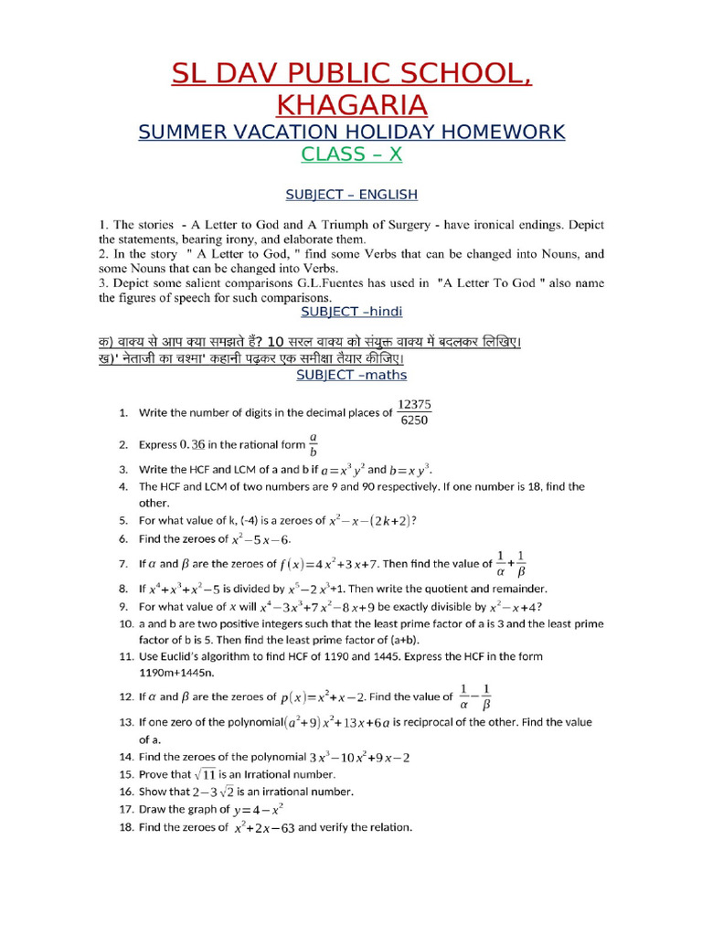 Class 10 Summer Vacation HW | PDF
