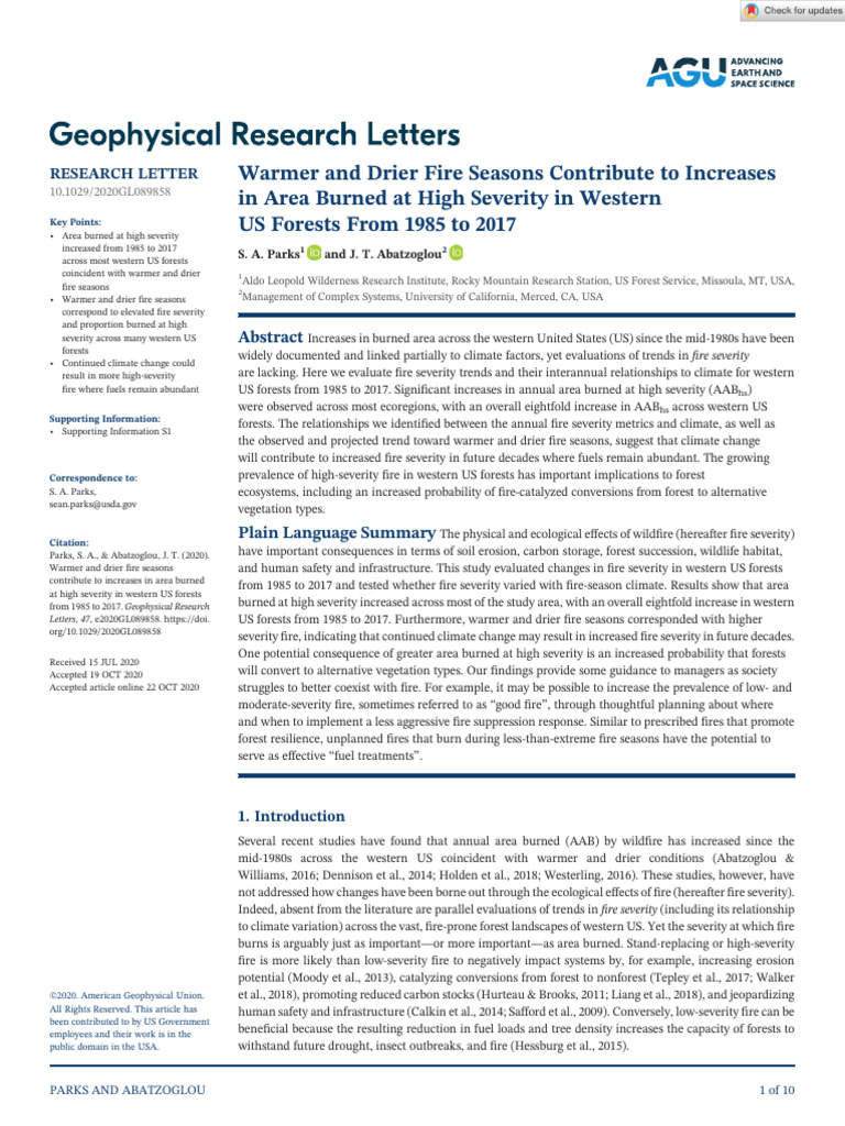 Geophysical Research Letters - 2020 - Parks | PDF | Forests | Climate