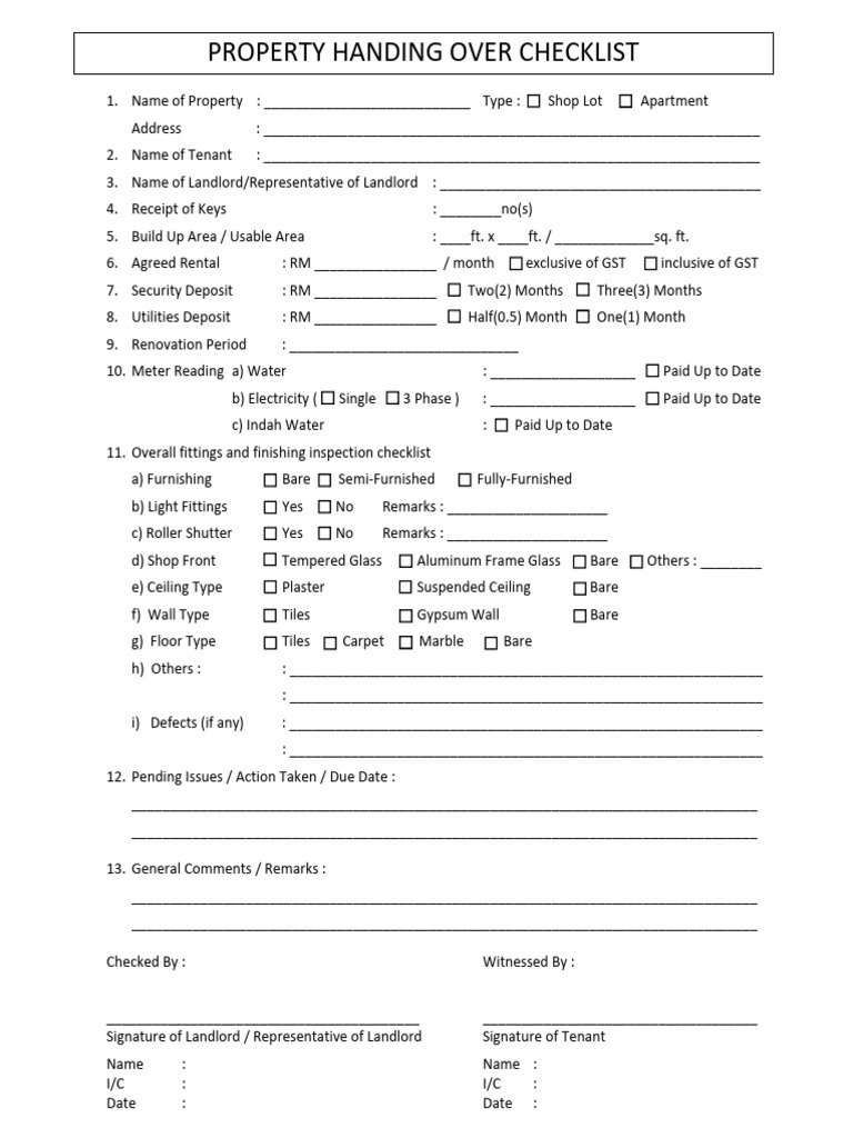 Property Handing Over Checklist | PDF | Landlord