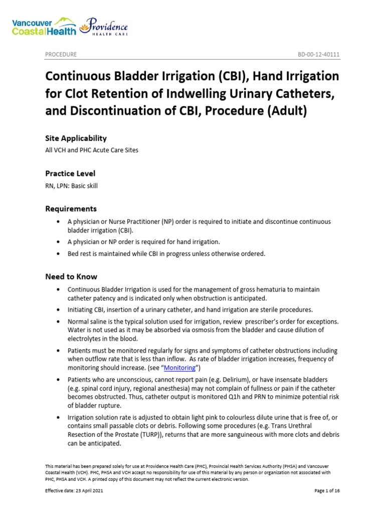 Continuous Bladder Irrigation Procedure | PDF | Urinary Incontinence ...