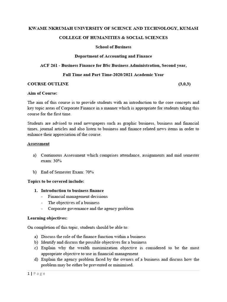 Business Finance Course Outline 2020 - 2021 | PDF | Capital Budgeting ...