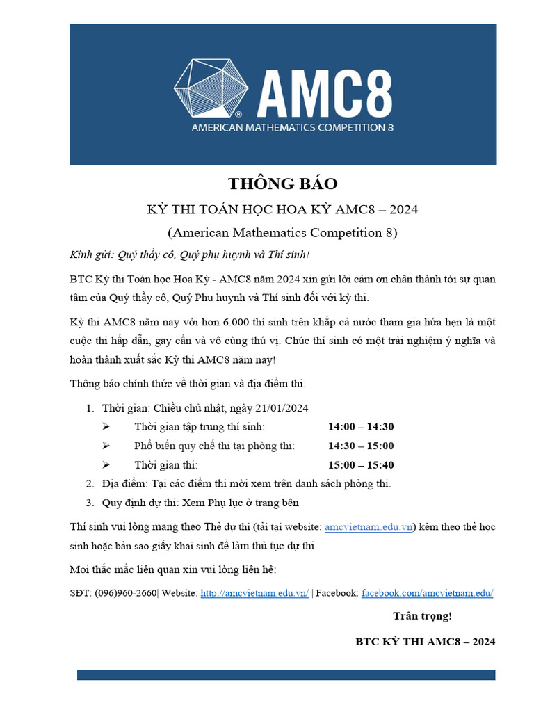 2024 - AMC8 - Thong Bao Danh Cho Thi Sinh | PDF