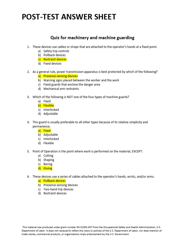 Machinery & Machine Guarding - Post Test ANSWERS - 0 | PDF | Machines ...