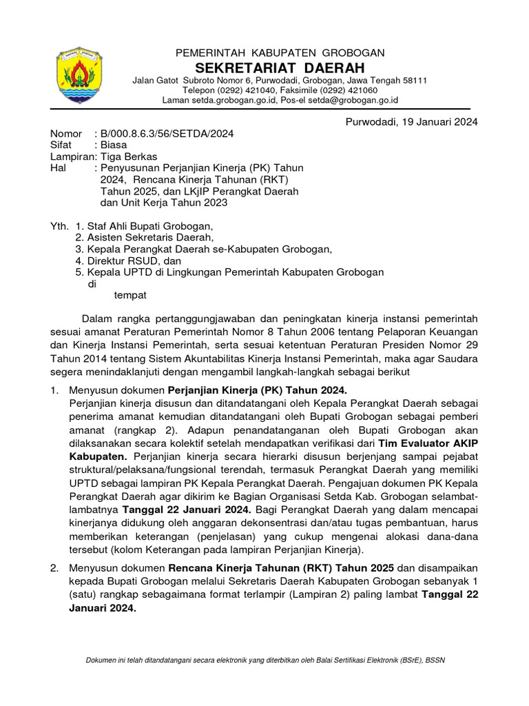 SURAT PENYUSUNAN PK 2024 - RKT 2025 - LKjIP 2023 | PDF