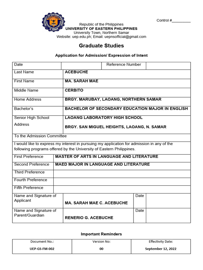 Application For Admission Intent-2 | PDF