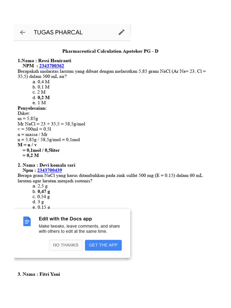Tugas Pharcal: Pharmaceutical Calculation Apoteker PG - D 1.nama: Ressi ...