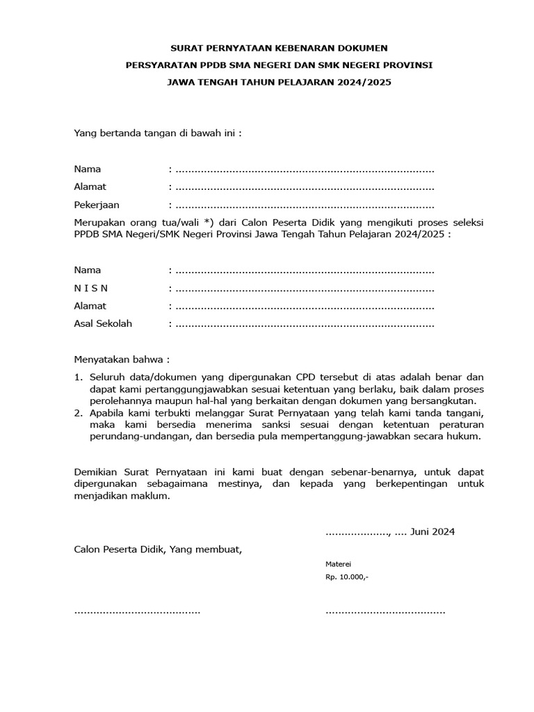Surat Pernyataan Kebenaran Dokumen PPDB 2024 - 2025 | PDF