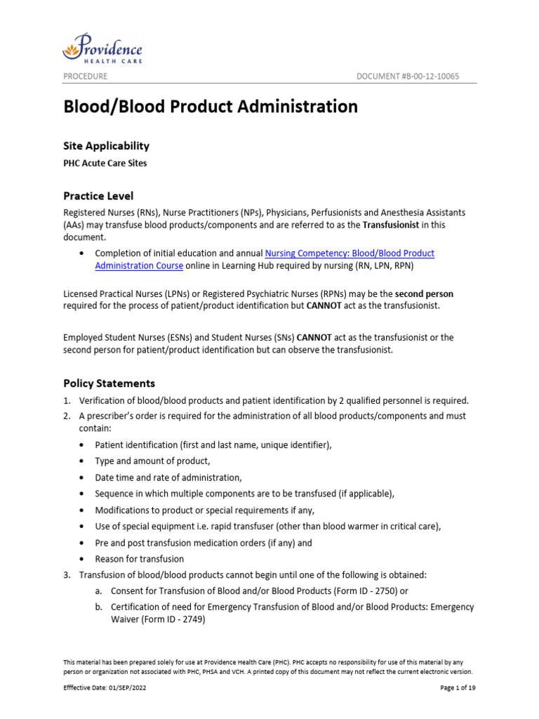 Blood and Blood Product Adminstration | PDF | Intravenous Therapy ...