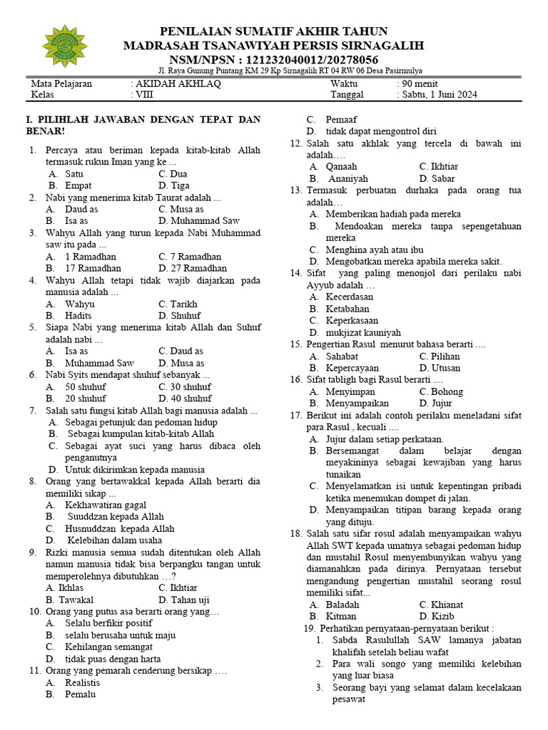 Soal Akidah Akhlaq Kelas 8 Sem Ii | PDF