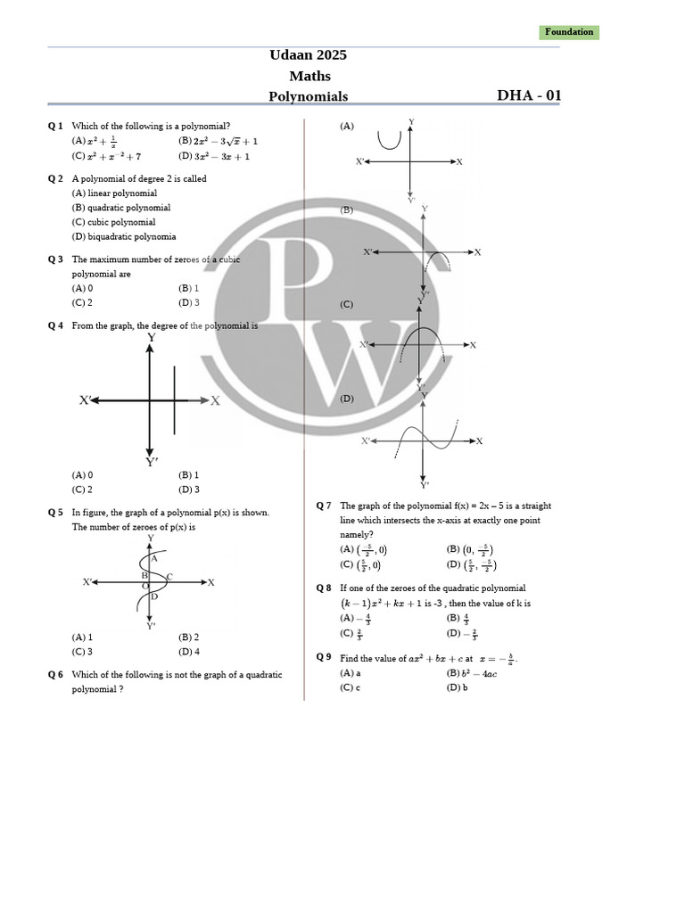 6634aaab2cd15f0018a50bdf - ## - Polynomials - DHA 01 - Udaan 2025 | PDF | Mathematical Analysis ...
