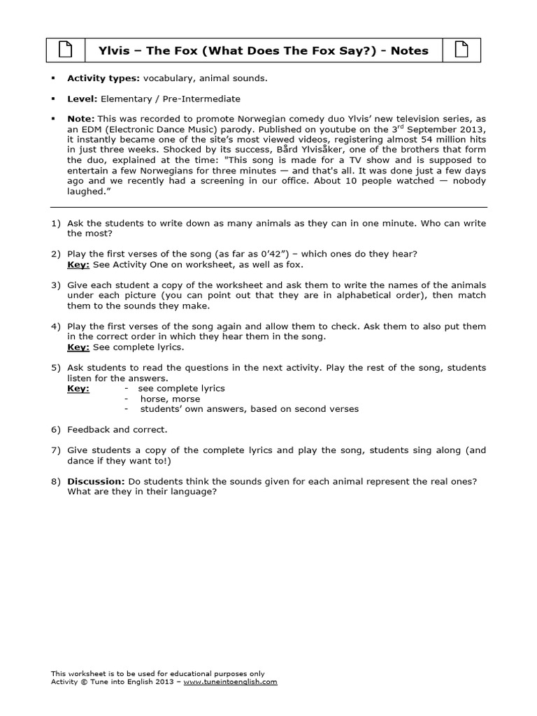 Ylvis: The Fox Song Worksheet | PDF