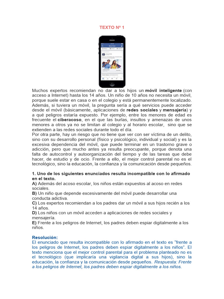 Ejercicios De Comprensión De Textos Pdf Acoso Cibernético