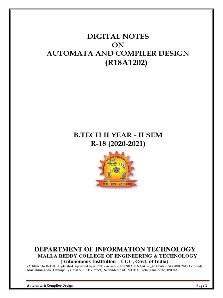 Automata and Compiler Design (R18a1201) | PDF | Parsing | Theoretical Computer Science