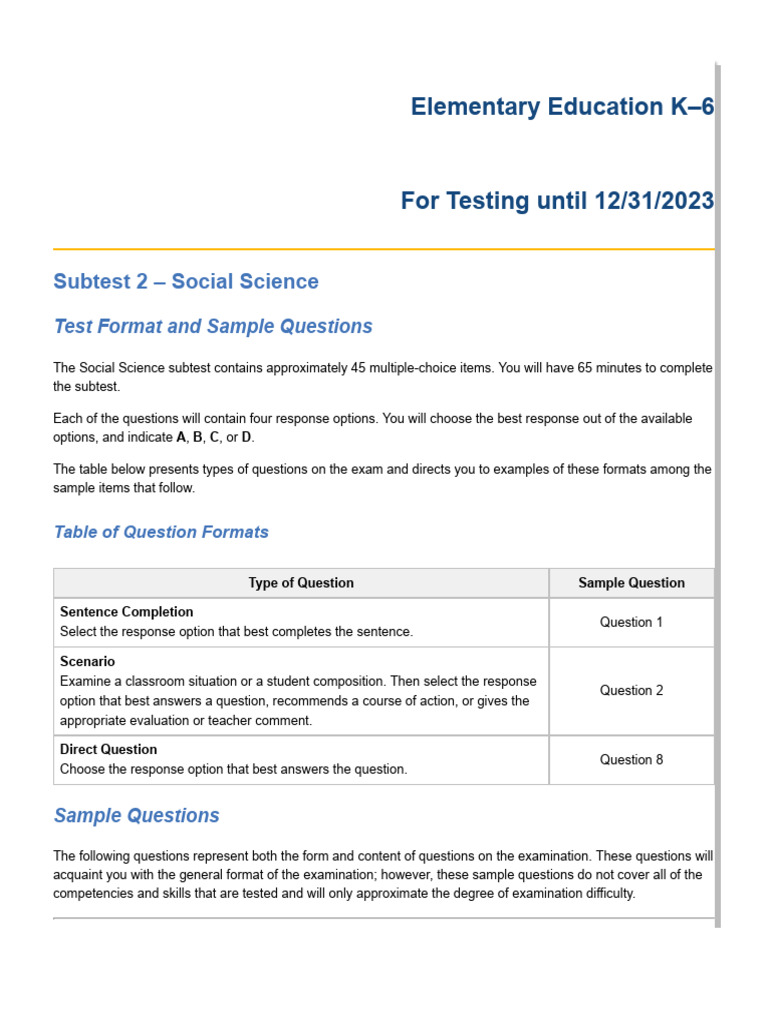 Elementary Education K-6: Subtest 2 - Social Science | PDF | Fourth ...