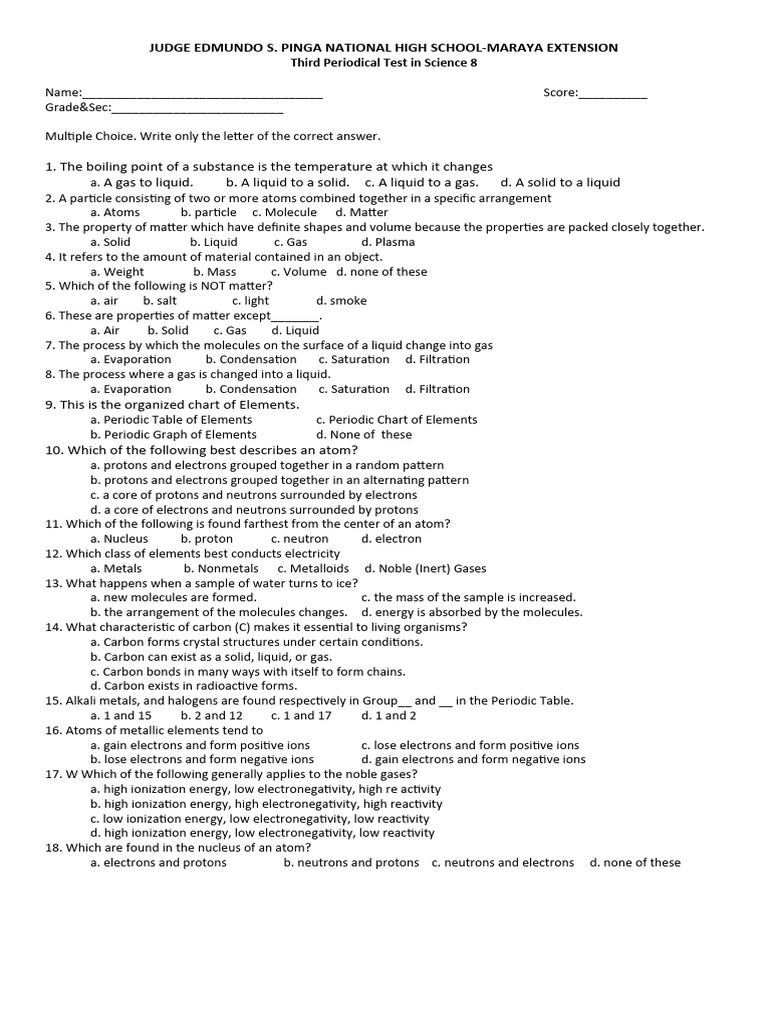 Third Periodical Test Science 8 | PDF | Ion | Atoms