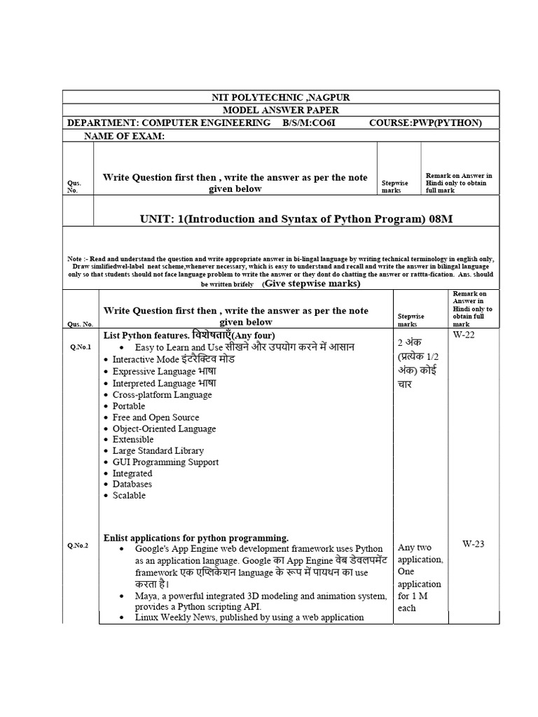 Unit 1ST Model Answer (PWP) | PDF | Python (Programming Language) | Software