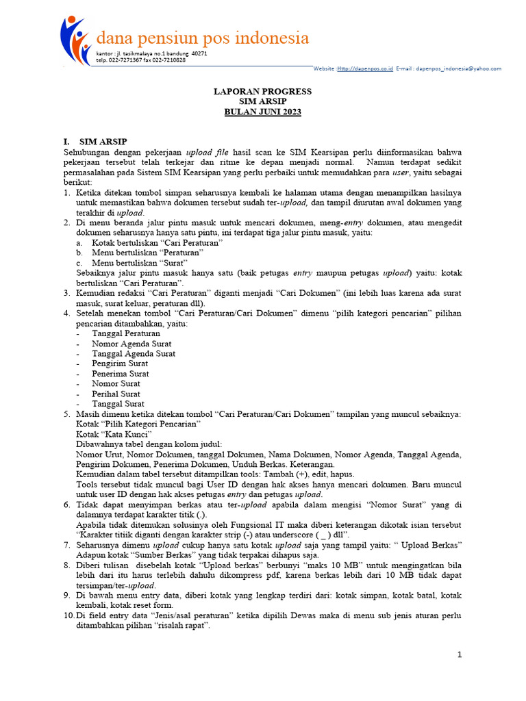 Laporan Progress Simarsip Juni 2023 | PDF