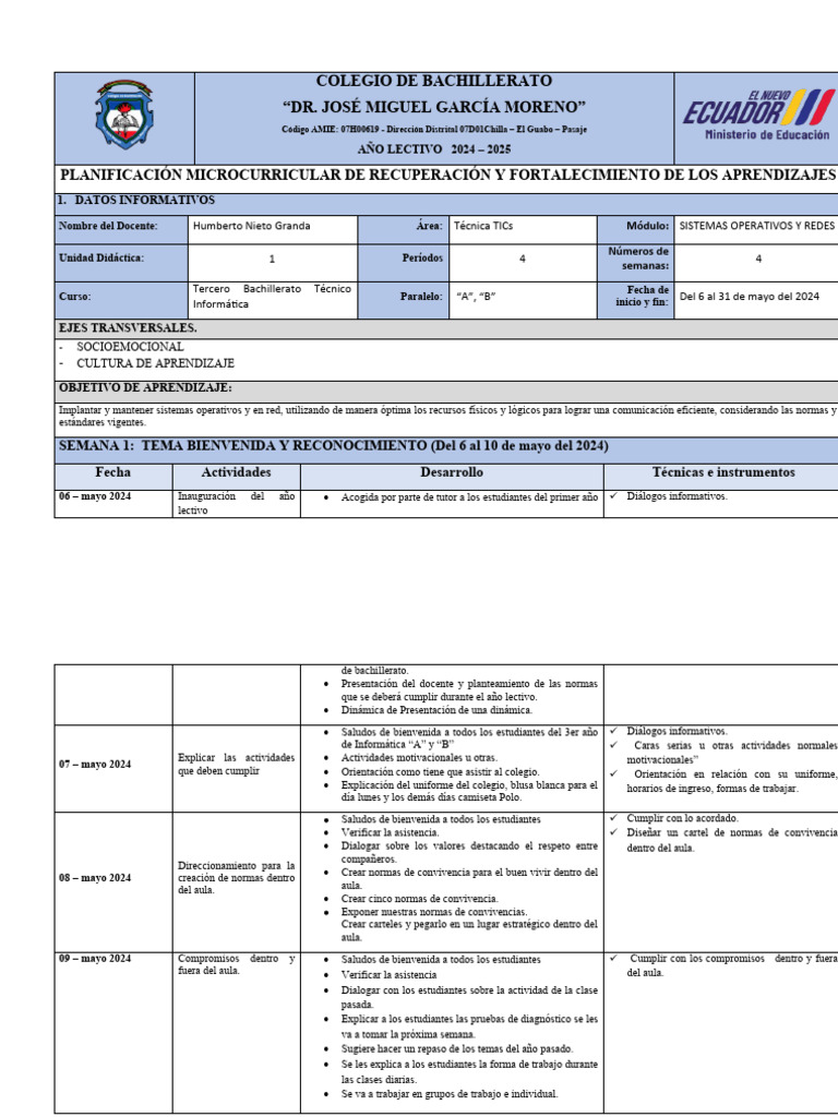 Planificación Microcurricular Recuperación - Sistemas - 3ro. BT Inf ... Planificación Microcurricular Recuperación - Sistemas - 3ro. BT Inf ...