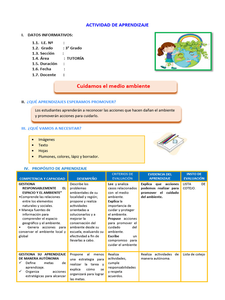 D1 A3 SESION TUT. Cuidamos El Medio Ambiente | PDF | Evaluación ...