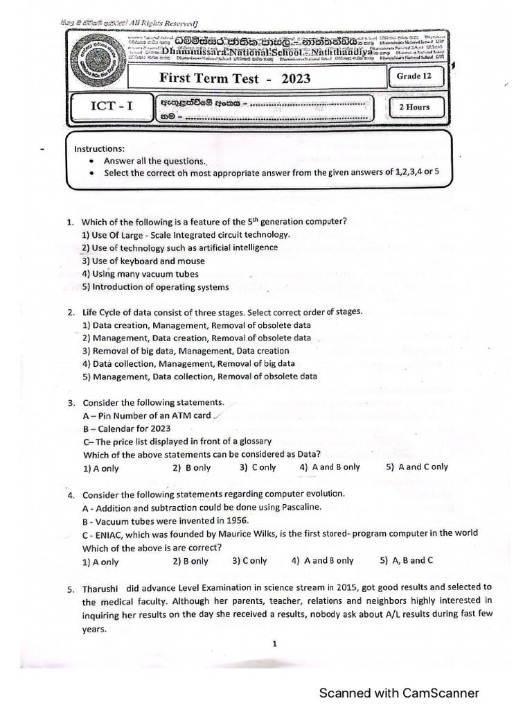 Grade 12 ICT 1st Term Test Paper 2023 English Medium Dhammissara ...