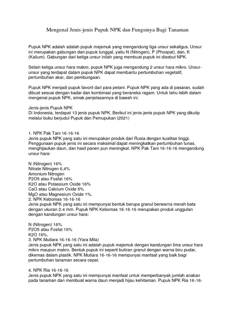 Mengenal Jenis Pupuk NPK | PDF