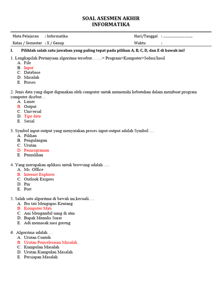 Soal Asesemen Akhir MP Informatika Kelas Xi | PDF