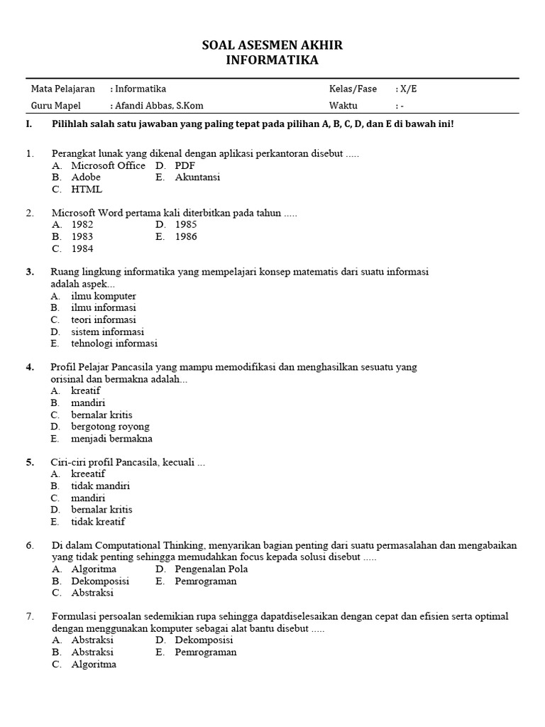 Soal Asesmen Akhir Informatika Kelas X | PDF