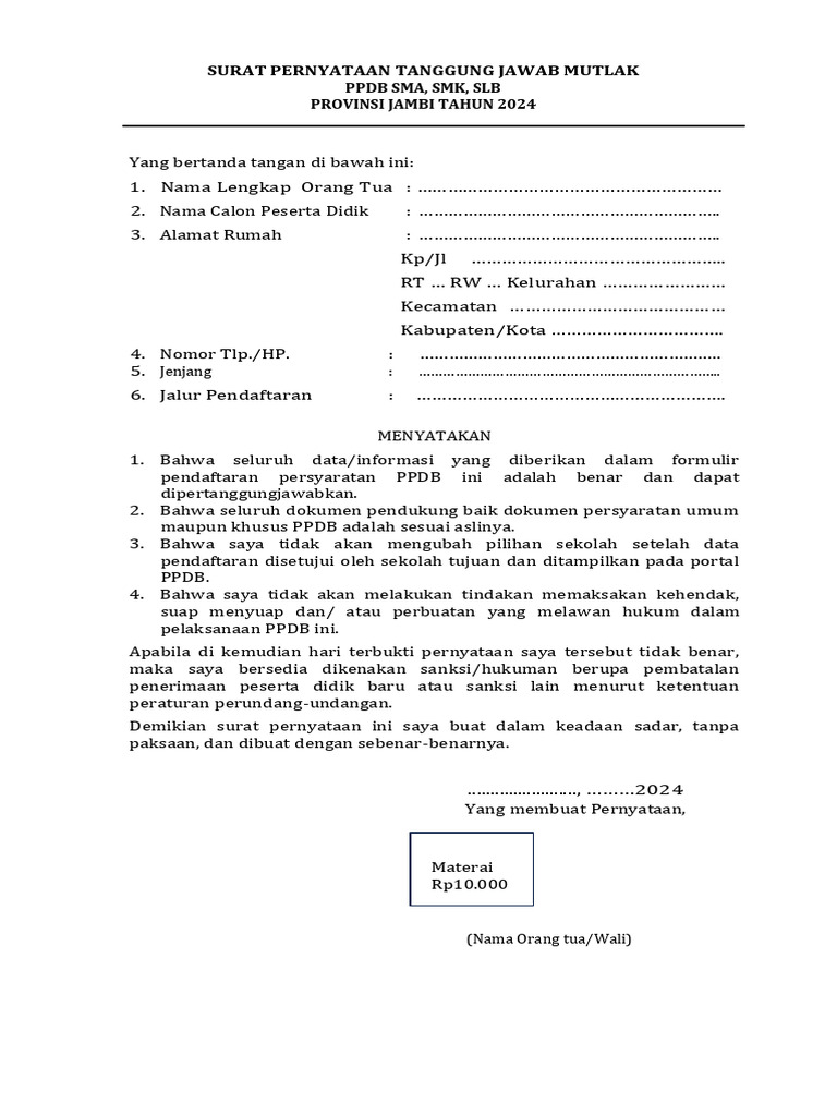 Surat Pernyataan Pertanggung Jawaban Mutlak (SPTJM) PPDB | PDF