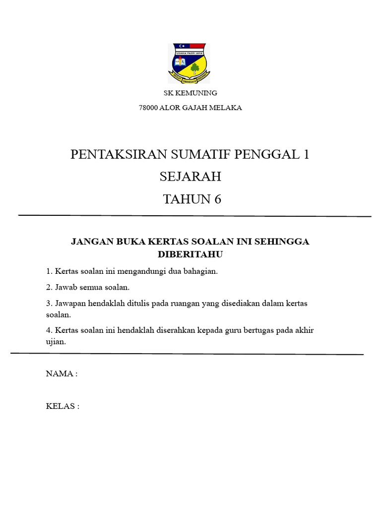 Template Muka Depan Kertas Pentaksiran Sumatif | PDF