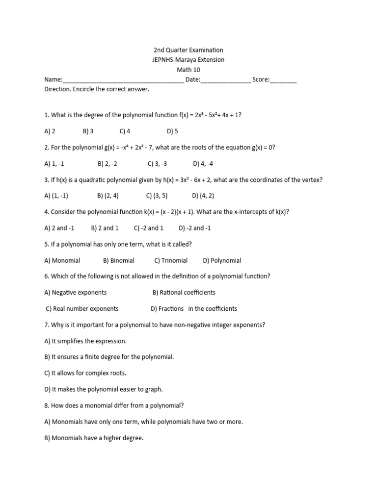 2nd Math-10 | PDF | Polynomial | Cartesian Coordinate System