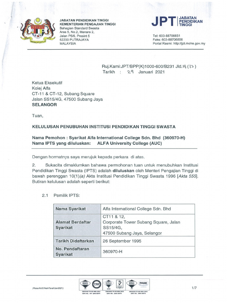 Surat Kelulusan Penubuhan IPTS AUC | PDF