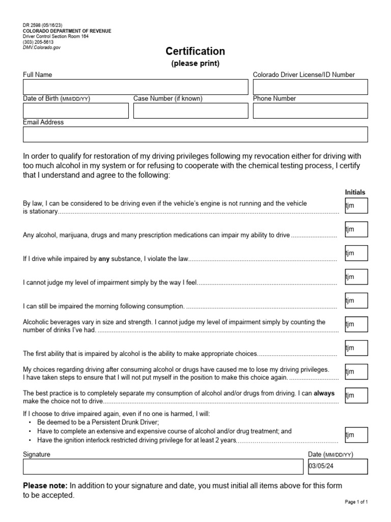 DR 2598 May2023 | PDF | Driving Under The Influence | Alcohol