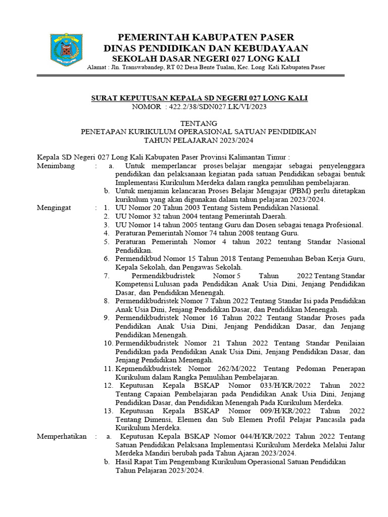 SK Penetapan KOSP Kurikulum Merdeka Mandiri Berubah | PDF