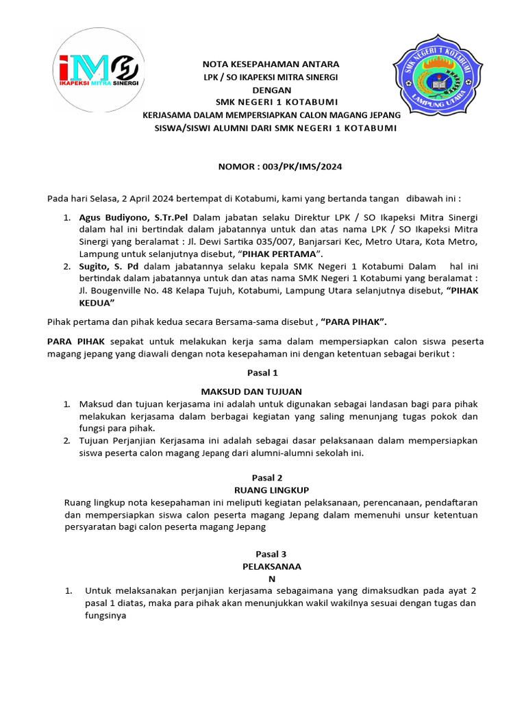 MOU IKAPEKSI Dan SMK N 1 KOTABUMI 2024 | PDF