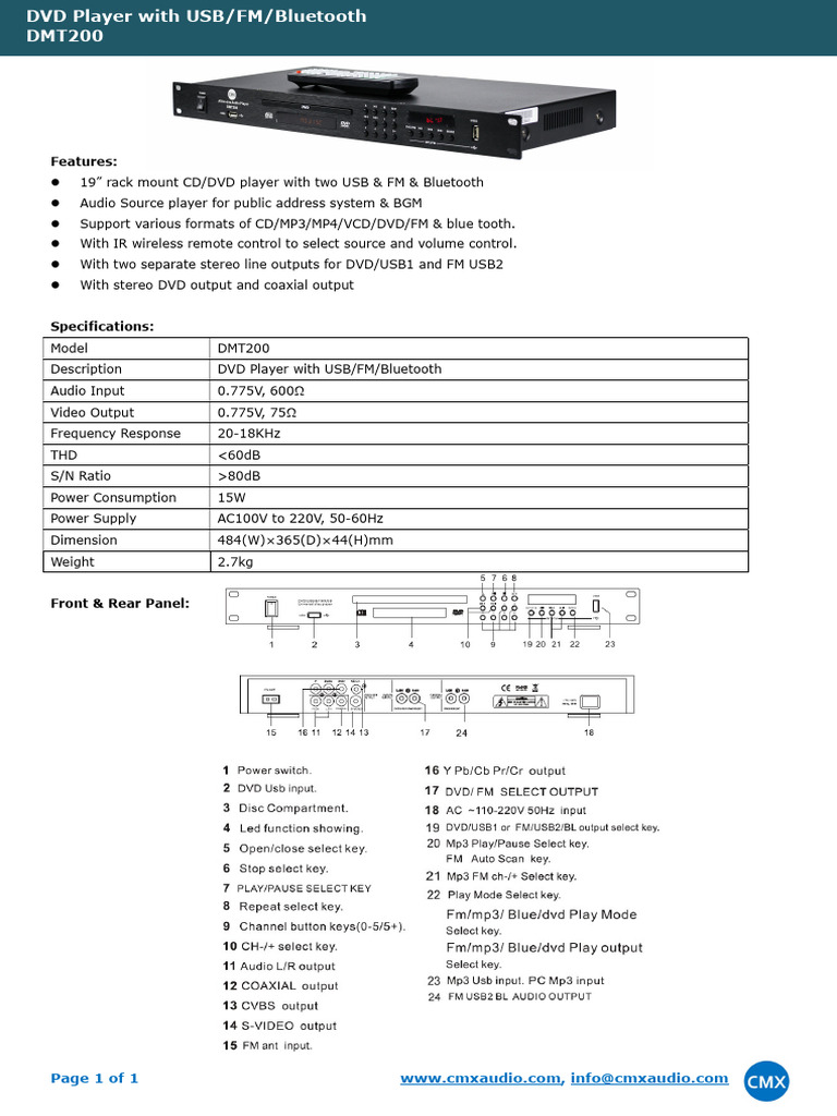 DMT200 DVD Player With USB FM Bluetooth | PDF