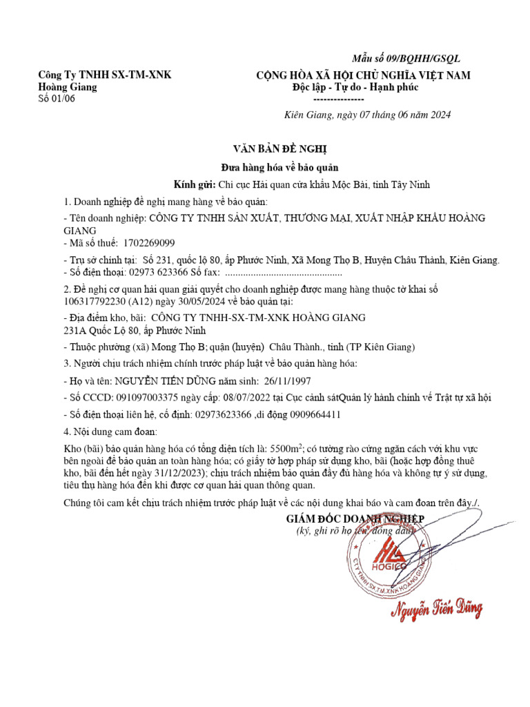 Van Ban de Nghi Dua Hang Hoa Ve Bao Quan | PDF