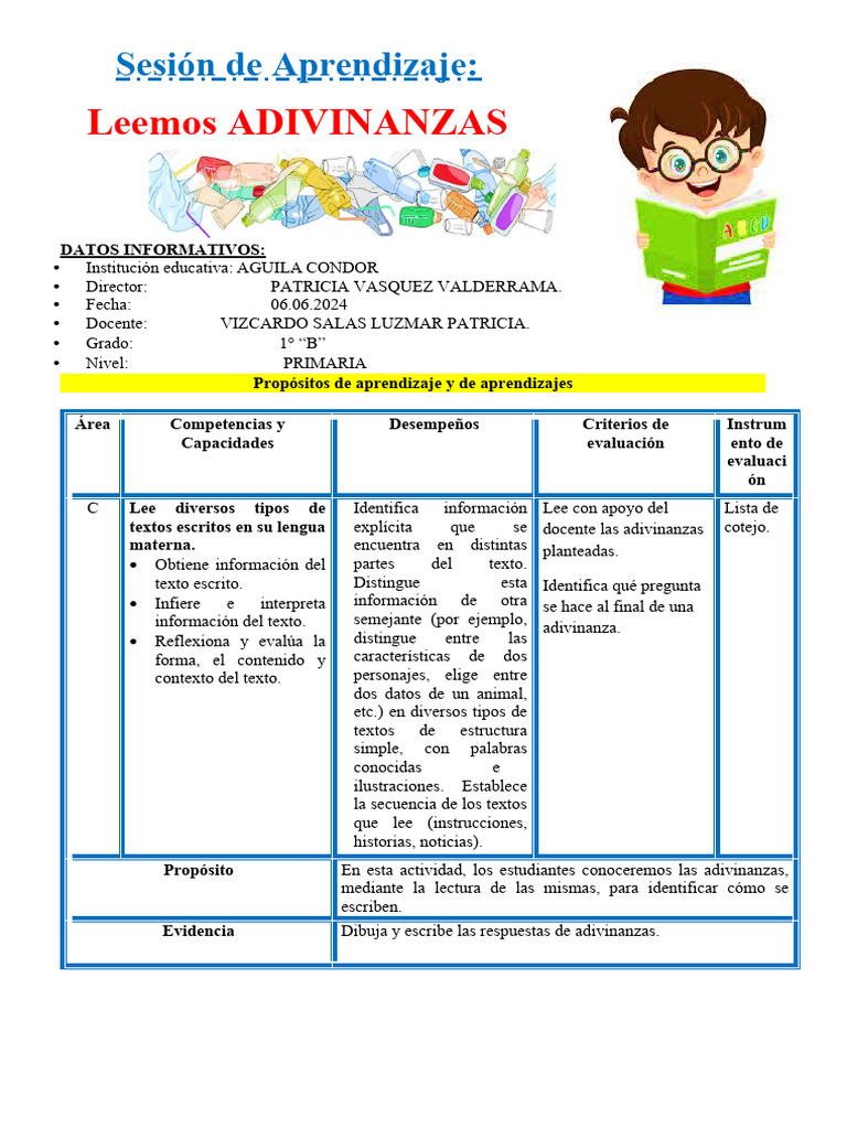 1° SESIÓN DÍA 1 COM LEEMOS ADIVINANZAS | Descargar gratis PDF | Aprendizaje | Evaluación