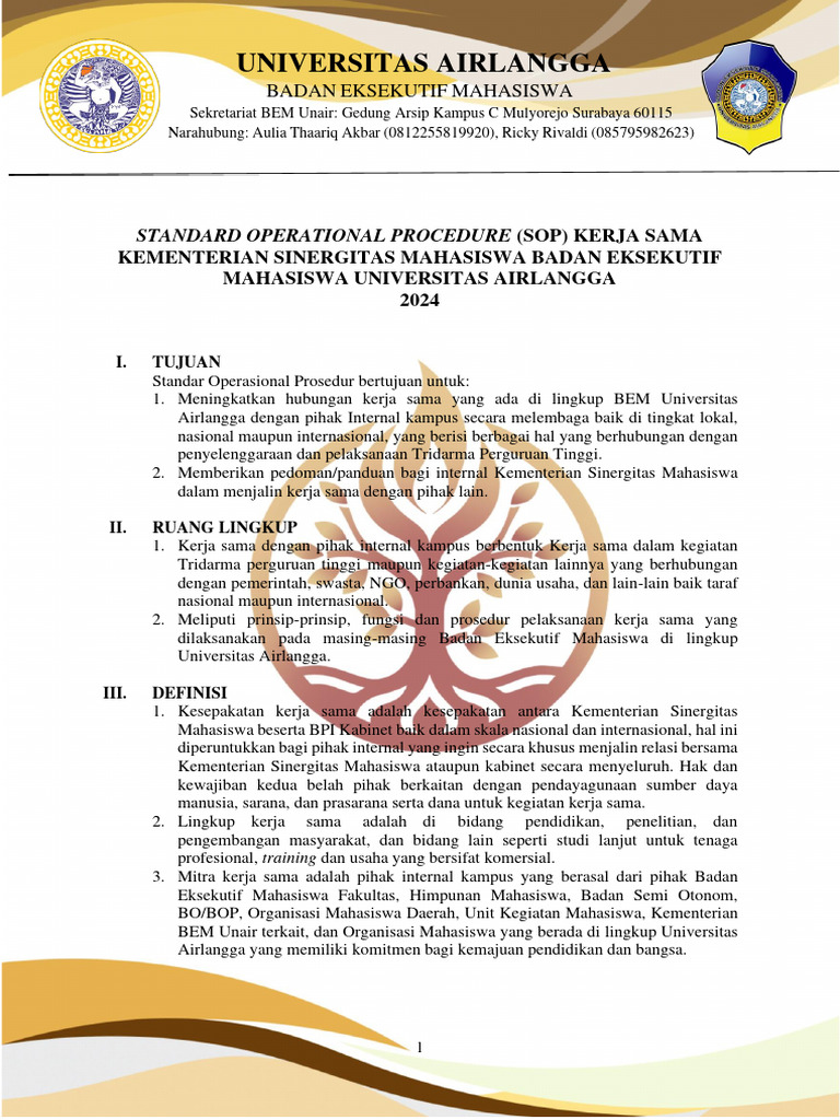 Standard Operational Procedure (Sop) Kerja Sama Kementerian Sinema Bem Unair 2024 Kabinet Asa ...
