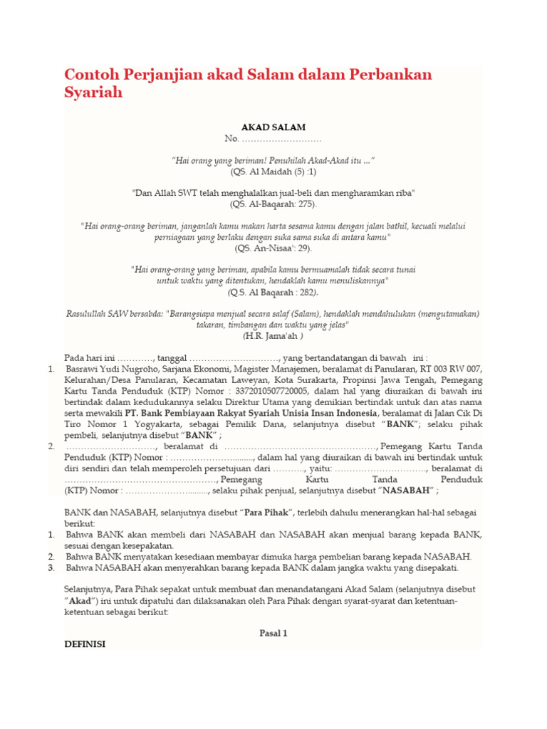 Contoh Perjanjian Akad Salam Dalam Perbankan Syariah | PDF