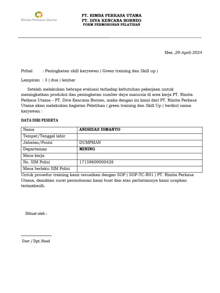 Surat Pengajuan Training Adreas Ismanto | PDF