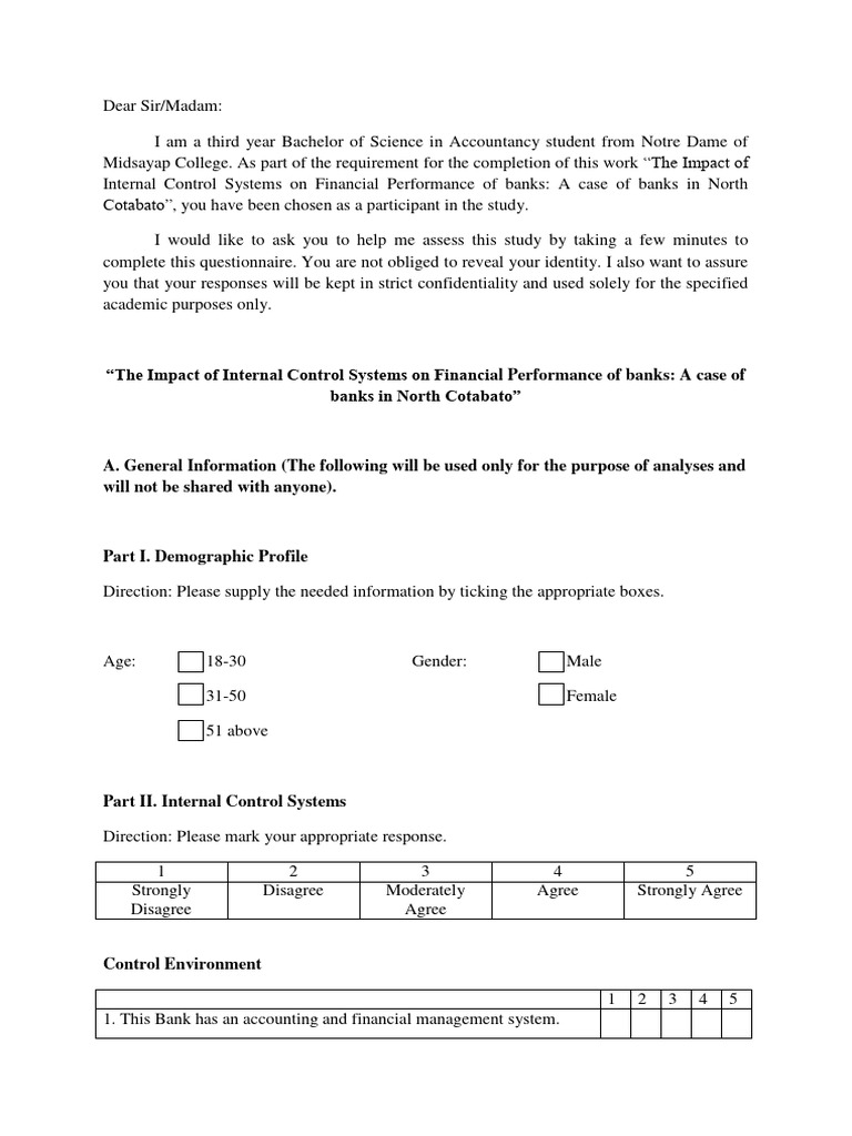 Thesis Questionnaire | PDF | Internal Control | Banks Thesis Questionnaire | PDF | Internal Control | Banks